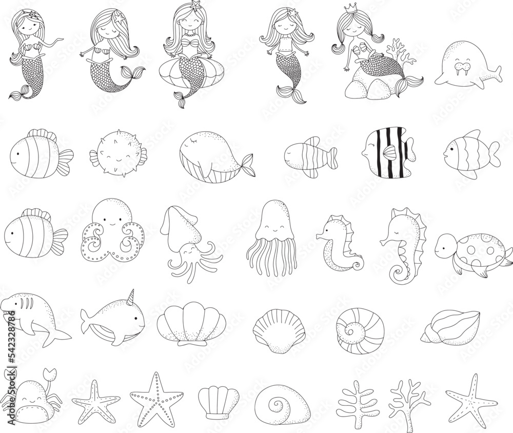 Mermaid with fish and sea creatures cartoon, big set outline hand drawn ...