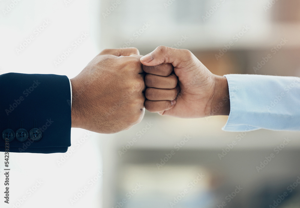Partnership, teamwork and fist bump by business people in support of trust, goal and mission ...