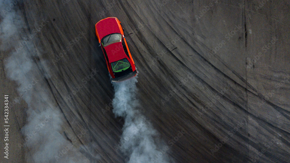 Aerial top view car drifting, Race drift car with lots of smoke from ...