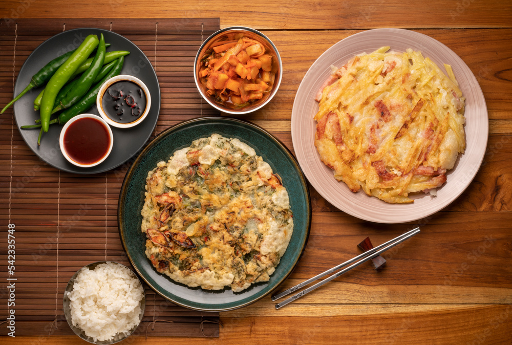 Korean pancake or Pajeon, Korean dish made from egg and wheat flour ...