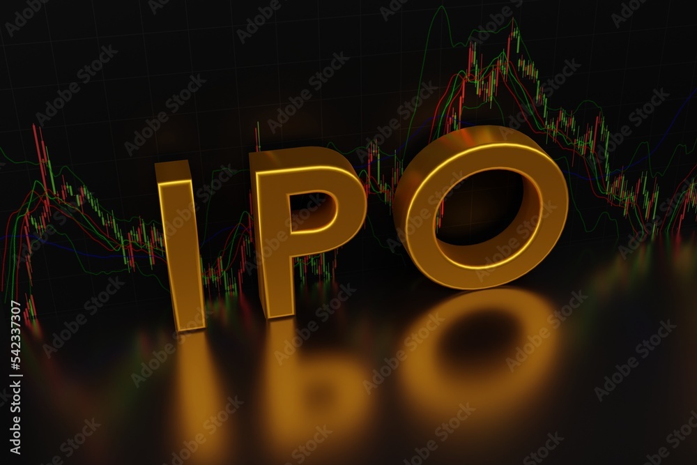 IPO on a dark background with Japanese candles, gold sign of the ...