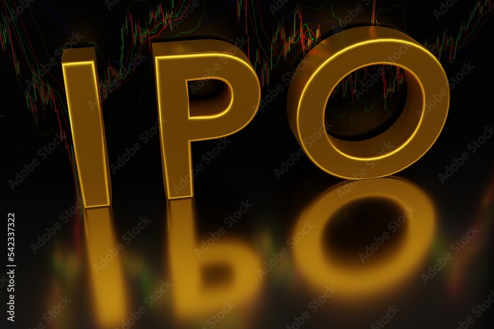 IPO on a dark background with Japanese candles, gold sign of the ...