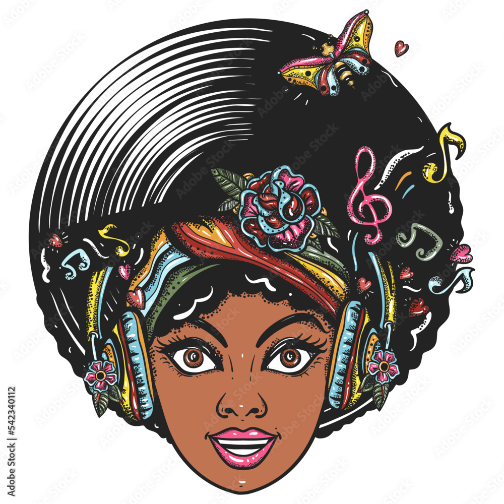 Funk music girl. African woman face with afro hairstyle, portrait ...