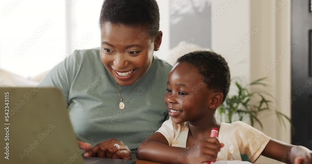 Teaching, learning and black family and child in home with laptop and ...