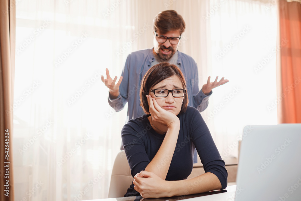 Portrait of attractive mad furious coworkers having fight crisis ...