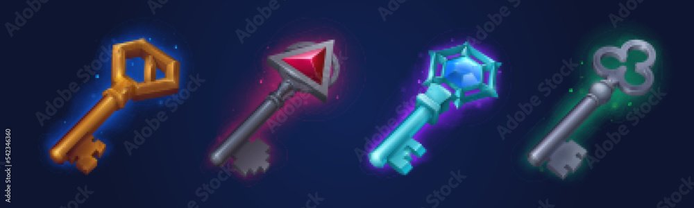 Game keys props icons, gamer assets. Golden iron, silver and crystal ...