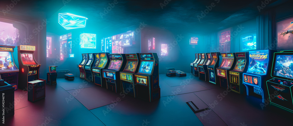 Artistic concept illustration of a vintage video games room, background ...