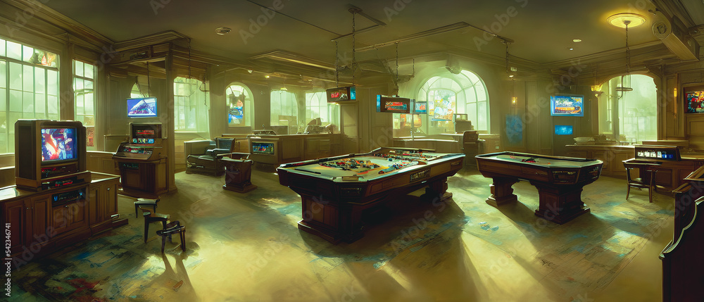 Artistic concept illustration of a vintage video games room, background ...