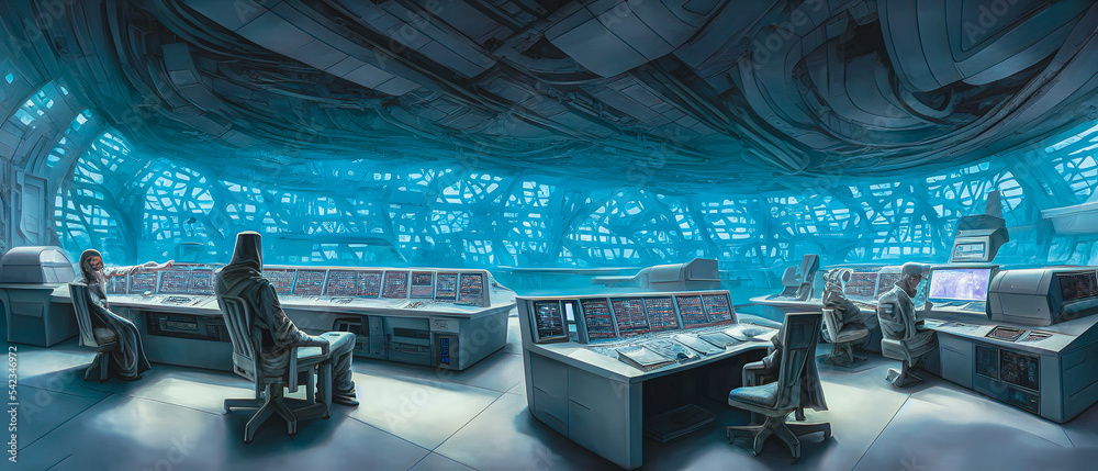 Artistic concept illustration of a futuristic control room of power ...