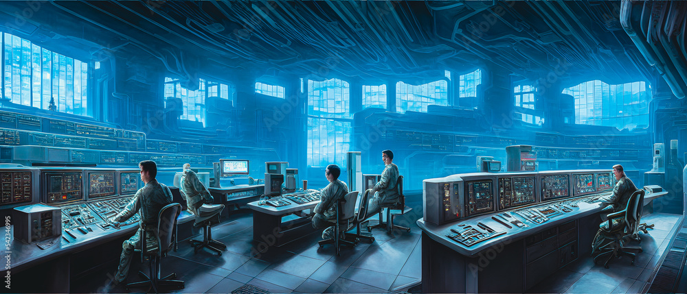 Artistic concept illustration of a futuristic control room of power ...
