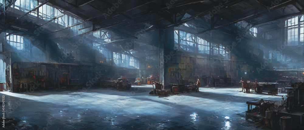 Artistic concept illustration of a warehouse hall, background ...