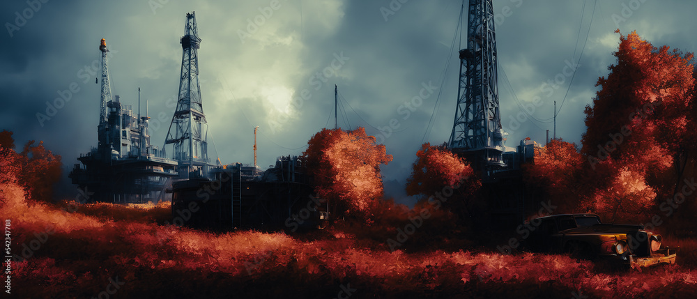Artistic concept illustration of a oil rig construction, background ...