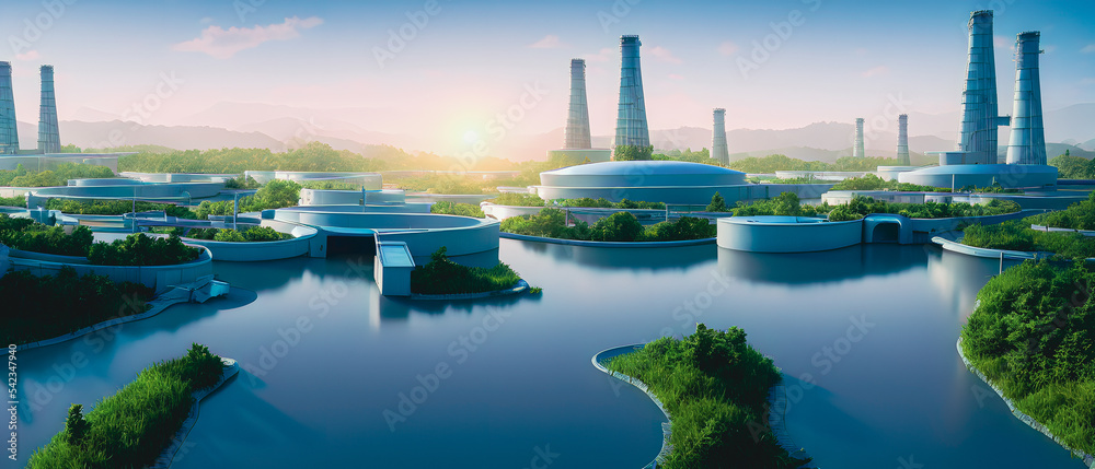 Artistic concept illustration of Water Treatment plant, background ...