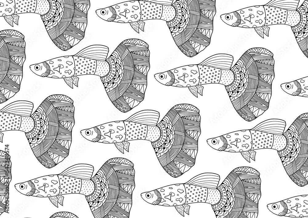 Seamless surface pattern with guppy fishes in Indian traditional tribal ...