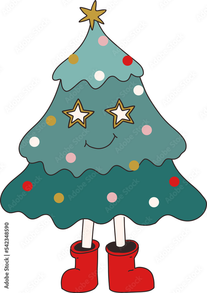 Christmas tree clipart illustration retro groovy hand drawn style ...