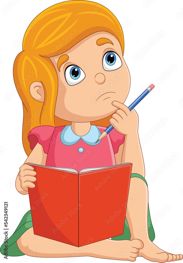Cartoon little girl thinking while studying Stock Vector | Adobe Stock