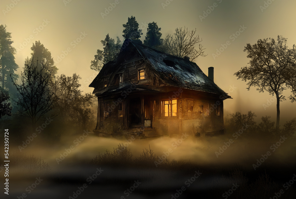 A creepy haunted hut in a misty forest. Realistic digital illustration ...