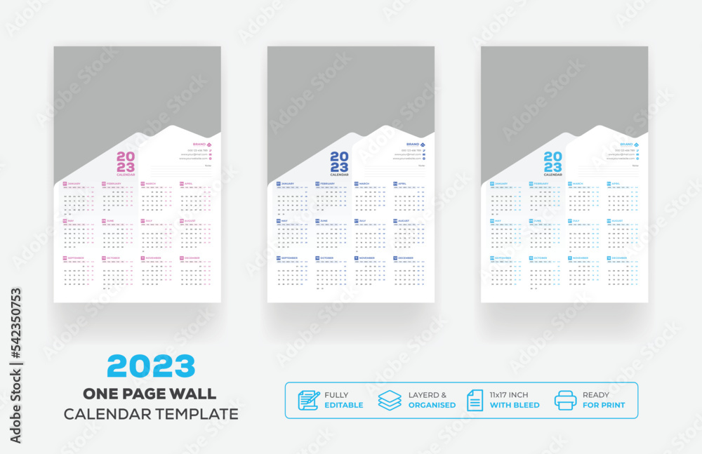 One Page Wall Calendar 2023 Or Monthly Plan Modern Corporate One Page ...