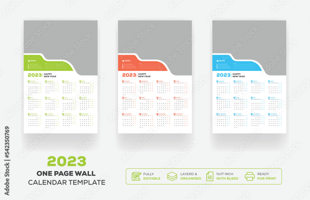 One Page Wall Calendar 2023 Or Monthly Plan Modern Corporate One Page ...