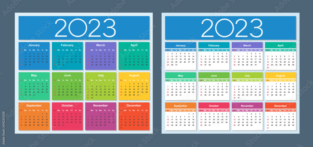Calendar 2023. Colorful set. Week starts on Sunday. Vector template ...