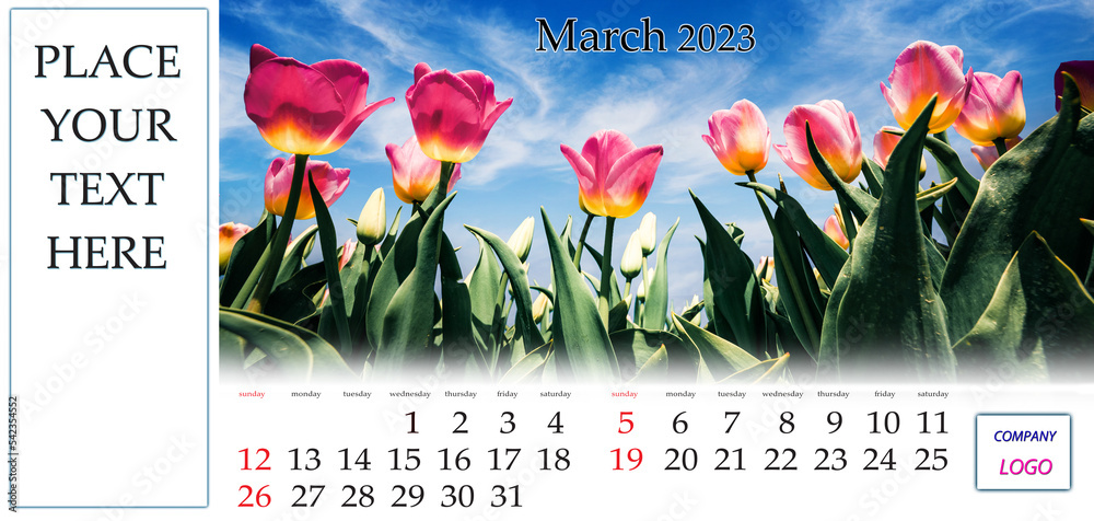 March 2023. Desktop monthly calendar template with place logo and ...