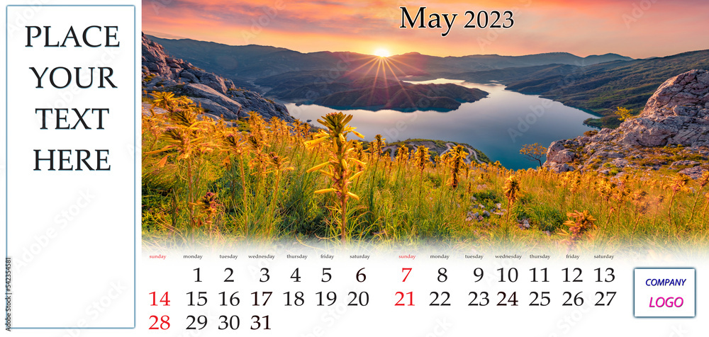 Foto de May 2023. Desktop monthly calendar template with place logo and ...