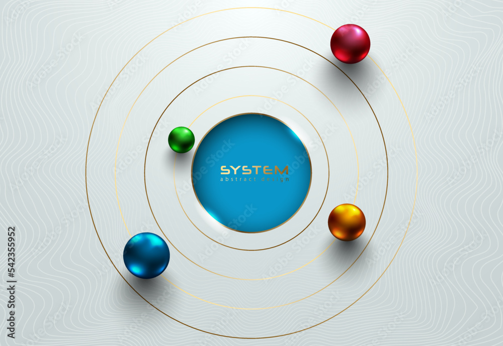 Shiny metallic spheres orbit around cut blue center frame on white ...