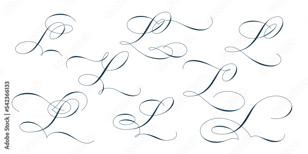 Set of beautiful calligraphic flourishes on capital letter L isolated ...