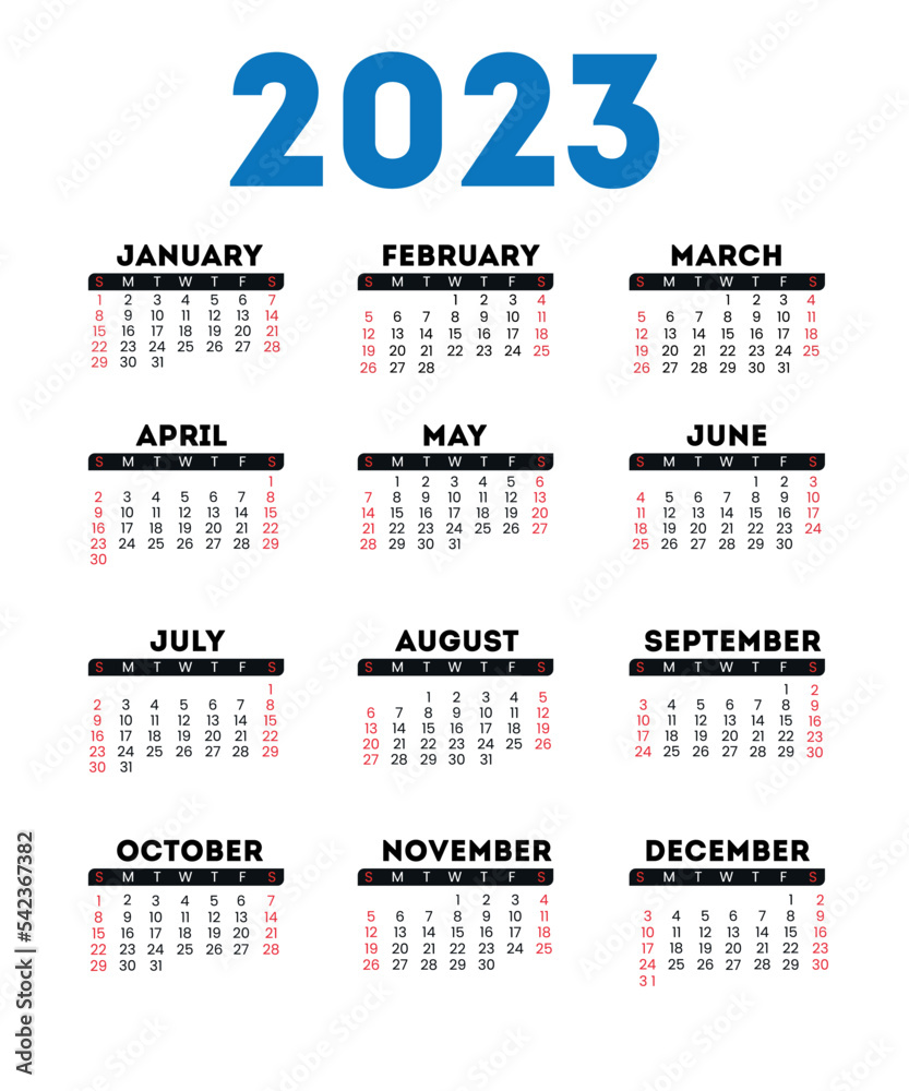 Calendar for 2023 vector illustration. The week starts on Sunday in red ...