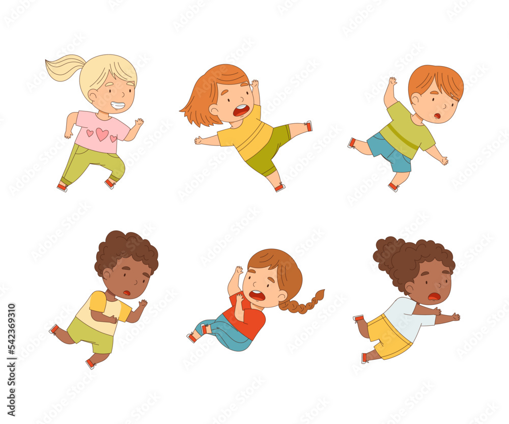 Cute happy little boys and girls running, jumping and falling down set ...