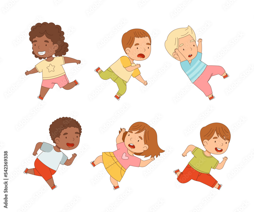 Cute happy kids running and falling down set cartoon vector ...