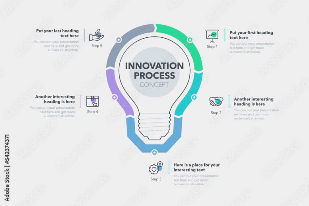 Innovation process template with five steps. Simple flat template for data visualization. Stock ...