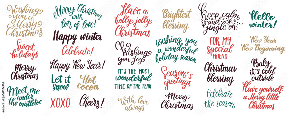 Vector holiday set of hand written phrases about Christmas, New year ...