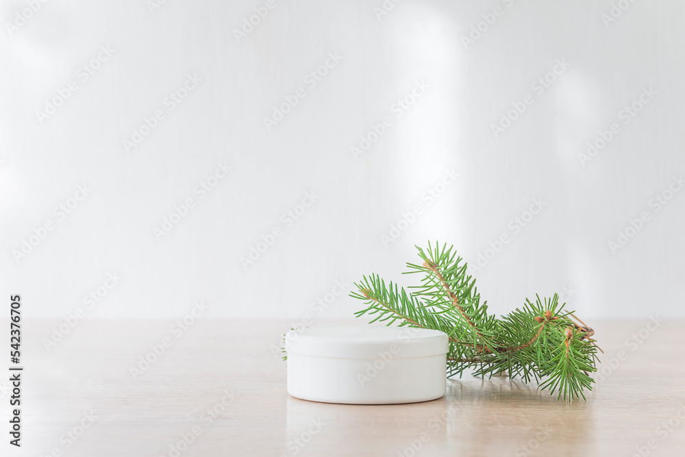 Abstract white empty podium with fir twig and shadow; Mock up stand for ...