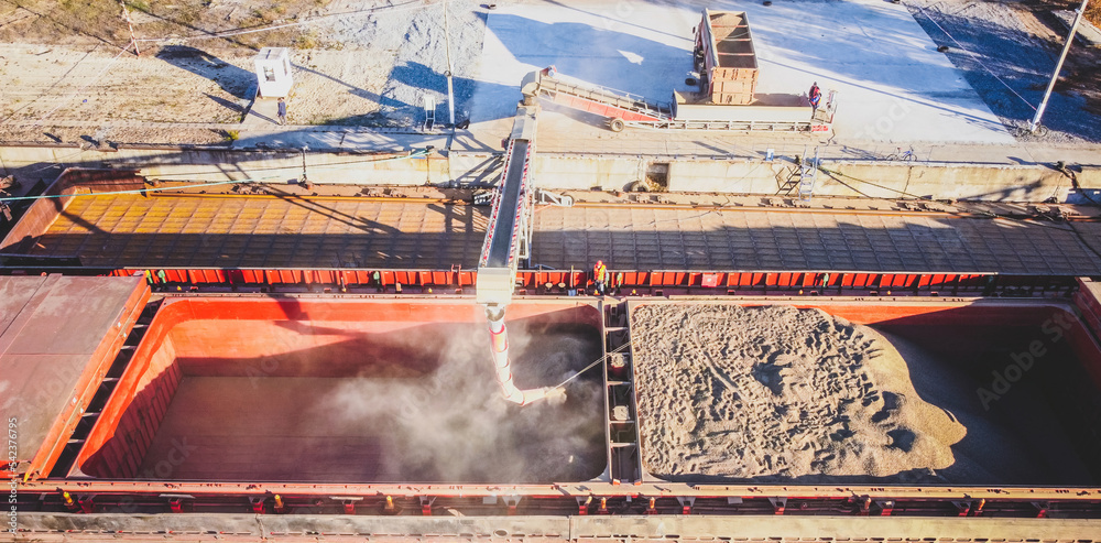 Loading grain into holds of sea cargo vessel through an automatic line ...