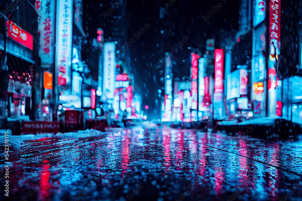 Winter city street in the night under the snow and neon street at the ...