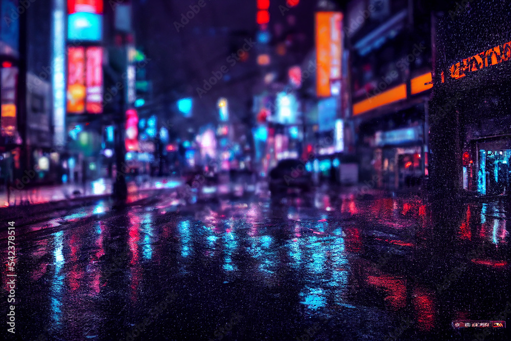 winter snow rain night city of the neon street at the downtown in ...
