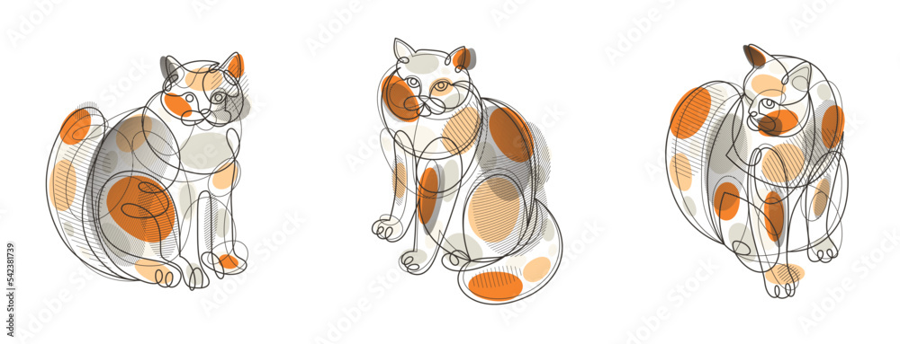 Nice cute cat linear vector illustrations set, line art drawings of ...