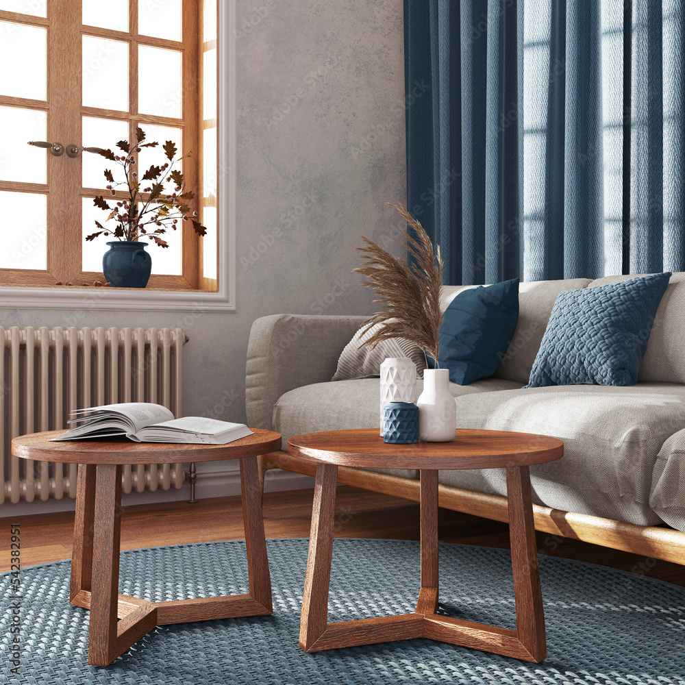 Wooden living room in blue and beige tones, close-up. Fabric sofa ...