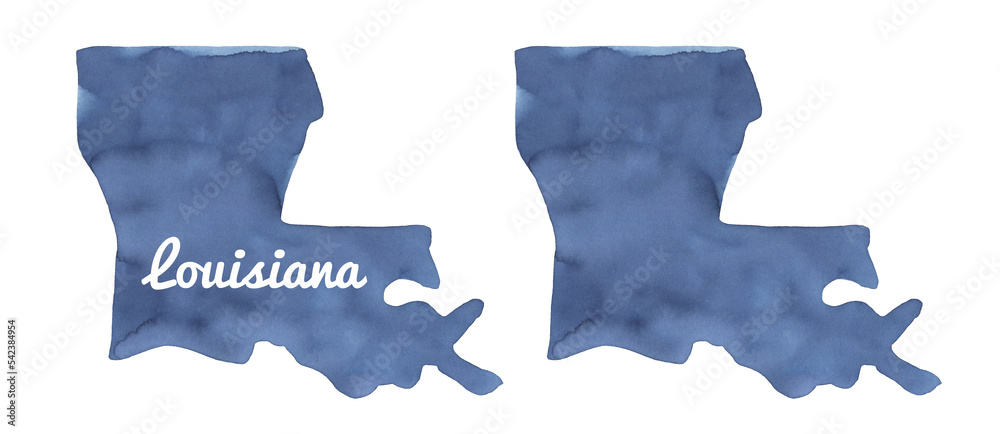 Watercolour illustration set of Louisiana State Map in blue color ...