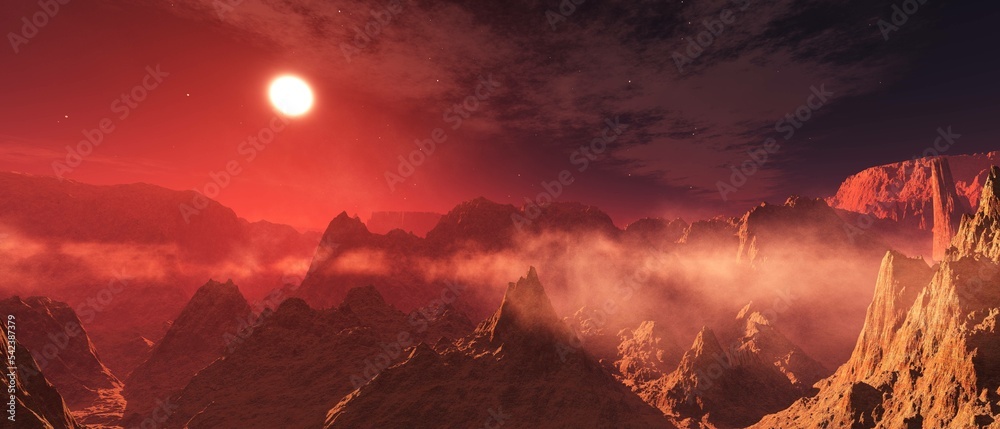 Martian landscape, sunset on Mars, Mars at sunrise, panorama of Mars ...