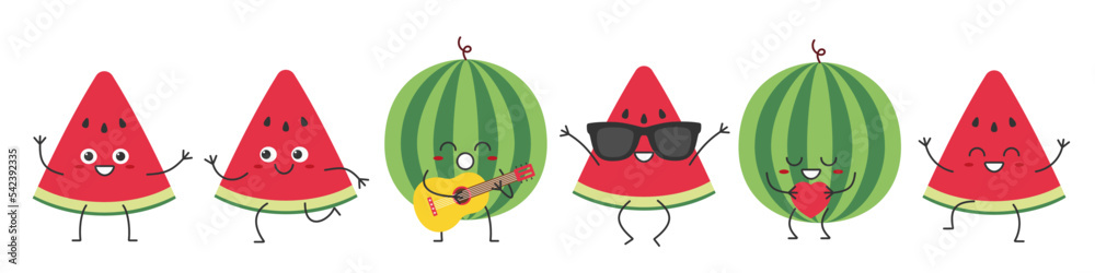 Character cartoon set watermelon fresh juicy slice greeting jumping ...