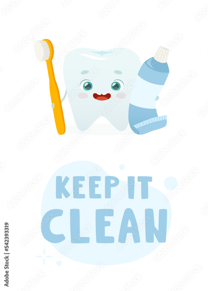 Dental care poster for kids with cartoon tooth holding toothbrush and ...