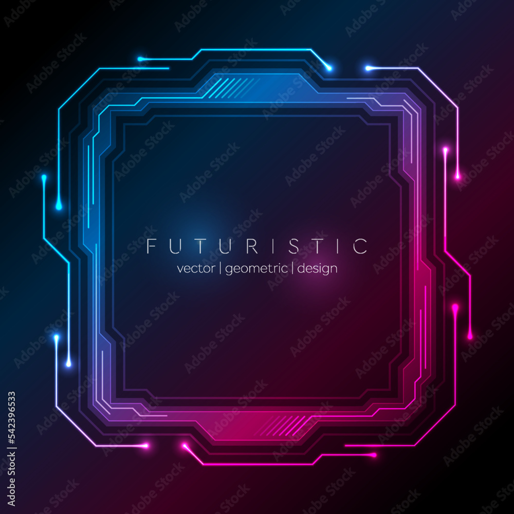 Neon blue purple technology frame with circuit board lines. Futuristic ...