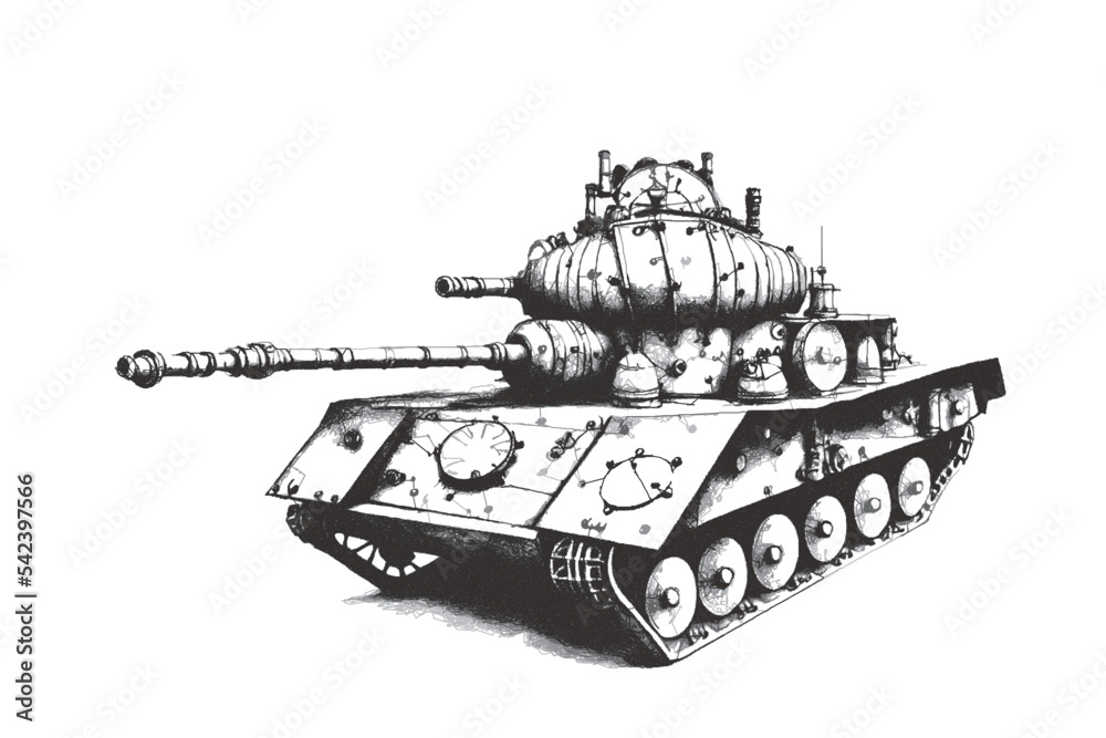 Steampunk battle tank. Fighting armoured vehicle. Doodle sketch. Vector ...