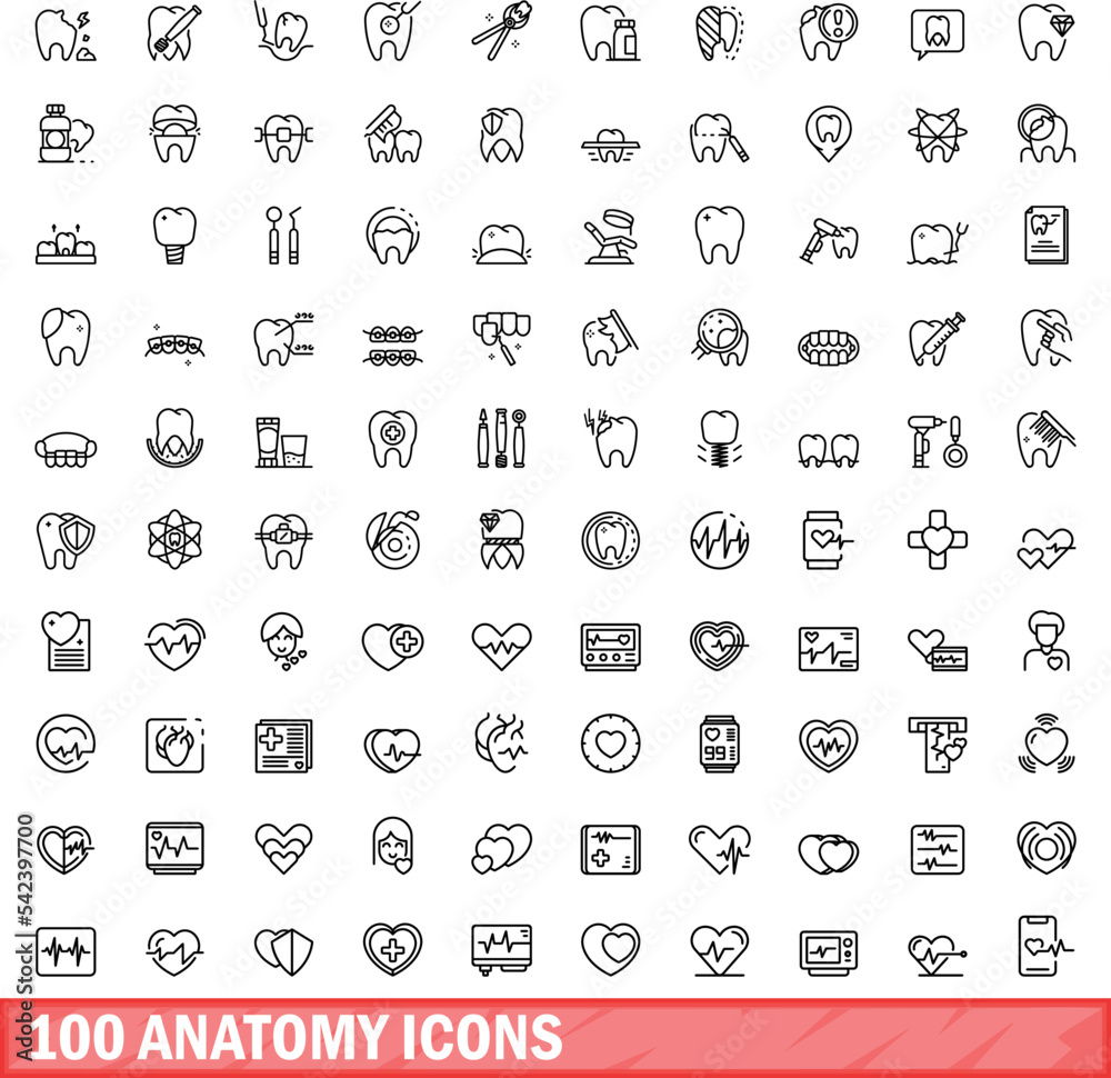 100 anatomy icons set. Outline illustration of 100 anatomy icons vector ...