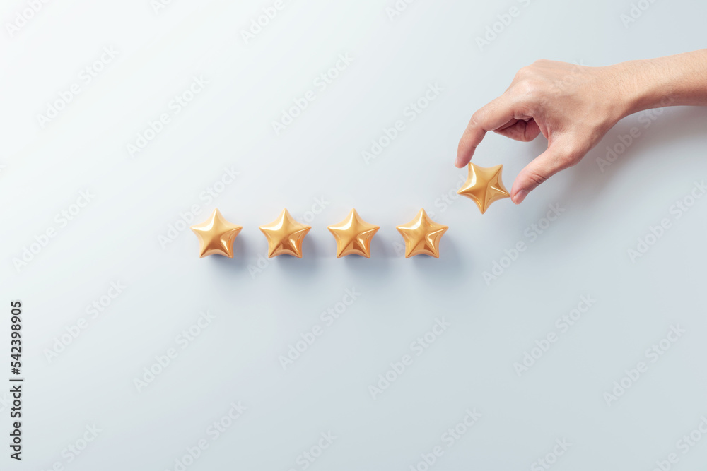 Customer satisfaction meter with star rating. evaluation, Woman hand ...