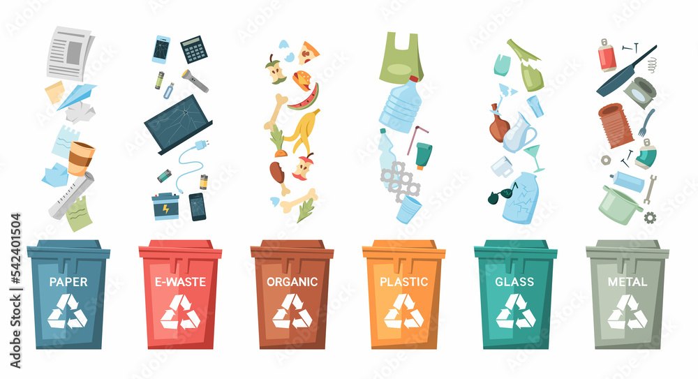Illustrazione Stock Six bins for separate waste collection | Adobe Stock