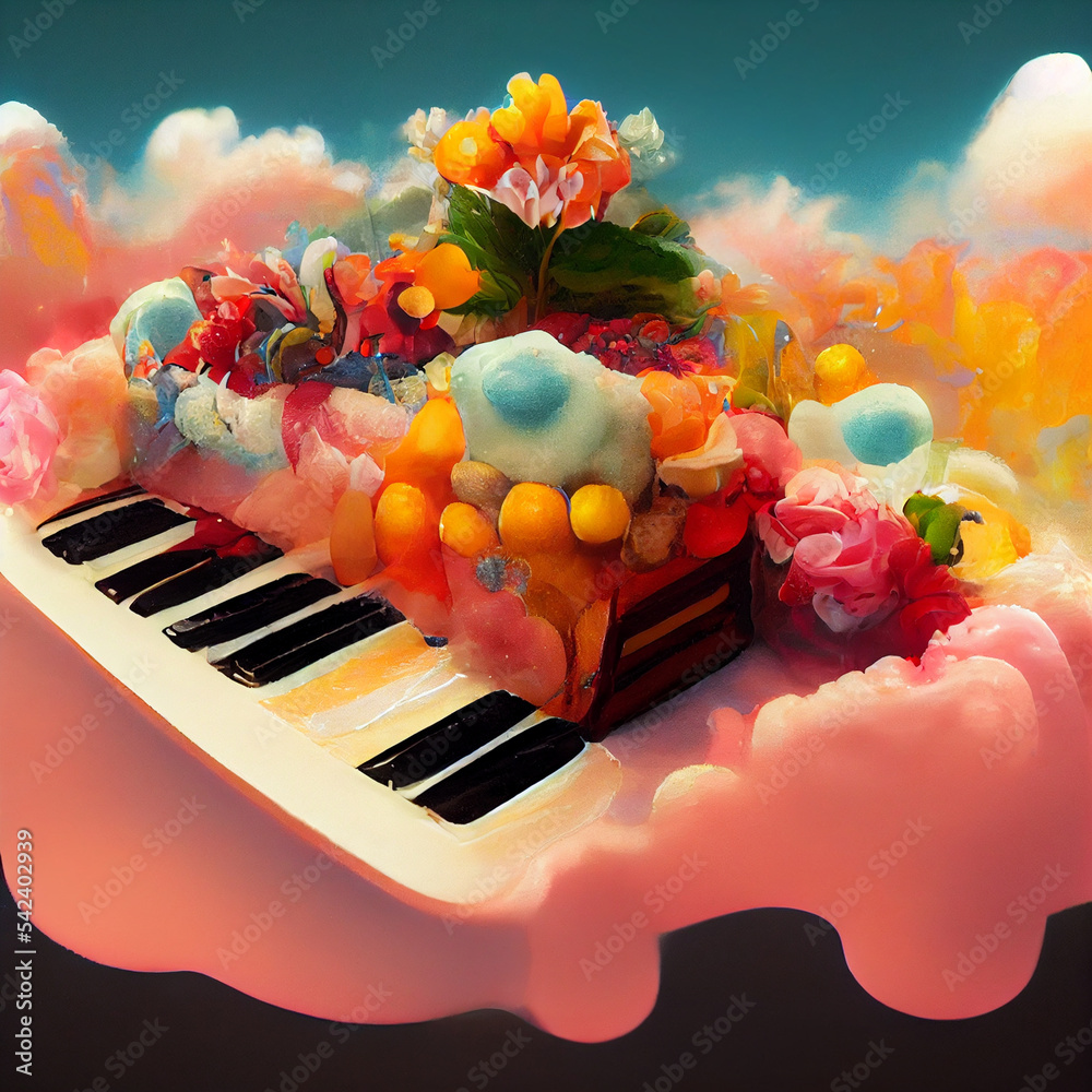 Digital illustration grand piano cake made of jello and fruit painting ...
