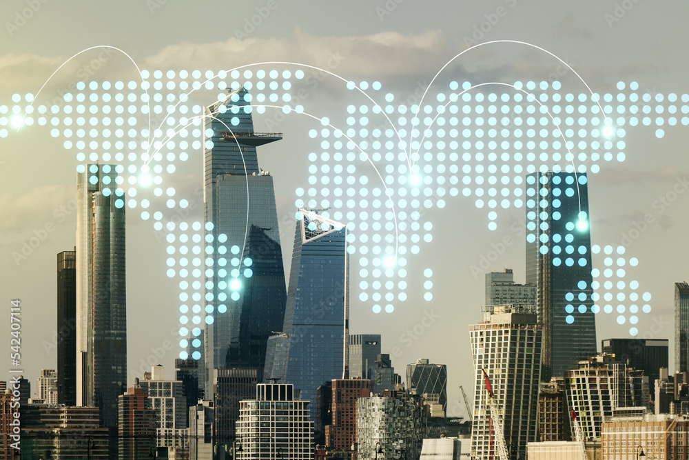 Abstract virtual world map with connections on New York city skyline ...